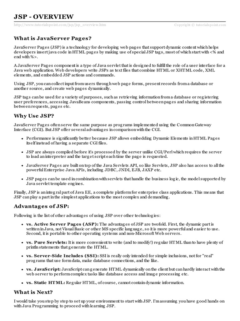 JSP - Overview: What Is Javaserver Pag Es? | PDF | Java Server Pages | Java Servlet