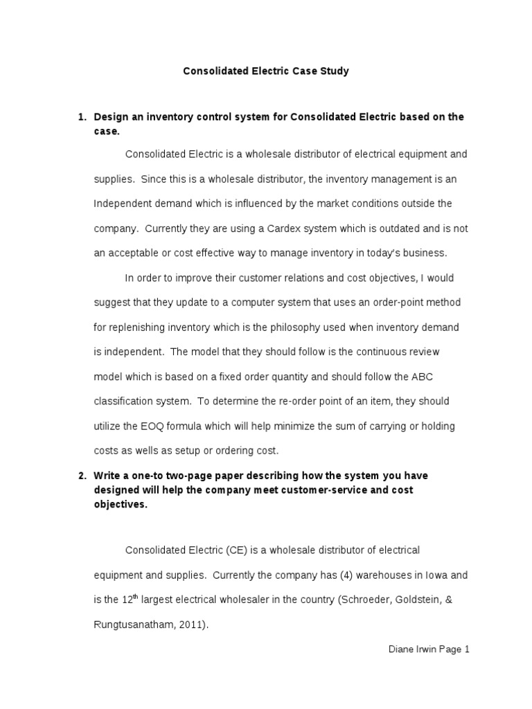 Consolidated Electric Case Study | PDF | Inventory | Marketing