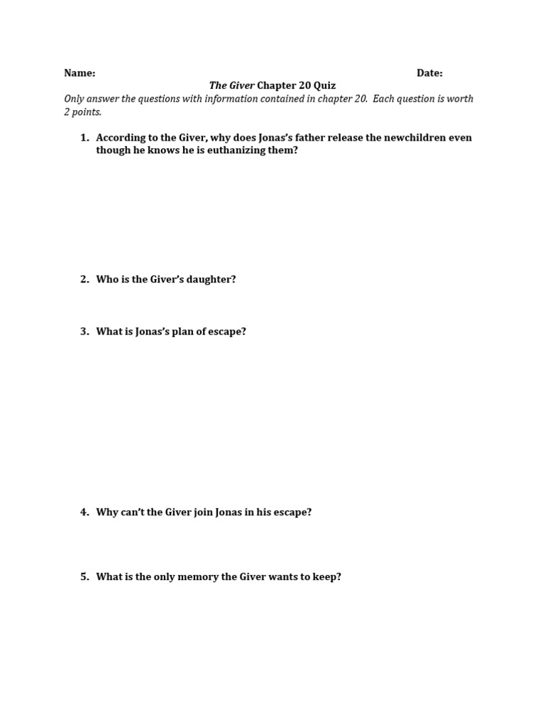 The Giver Chapter 20 Quiz Questions | PDF