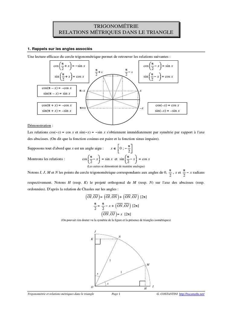 Trigonométrie - Relations Métriques Dans Un Triangle | PDF | Fonction ...