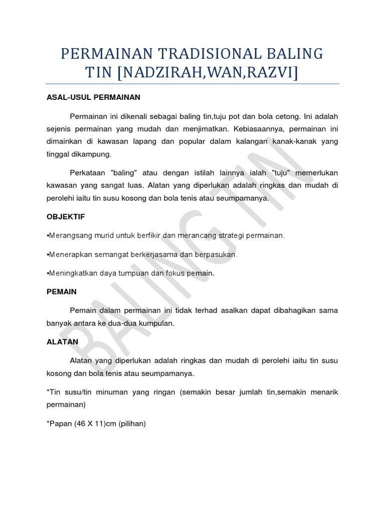 Permainan Tradisional Baling Tin | PDF