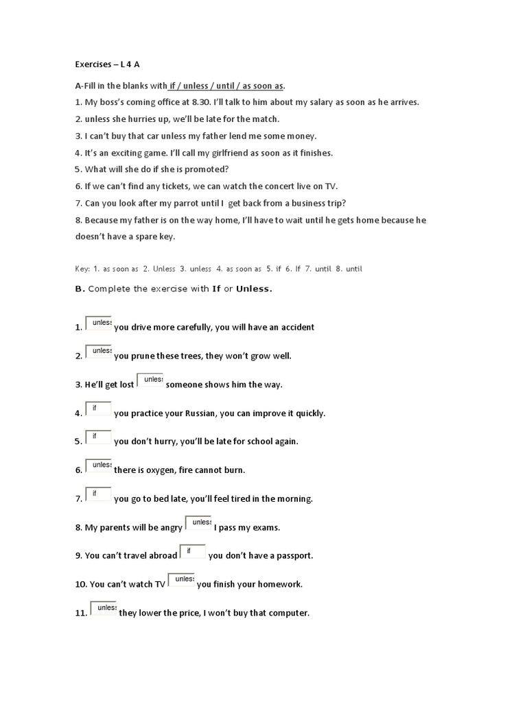 Exercises Unless If When Until As Soon As | PDF | Leisure