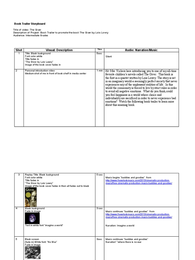 Book Trailer Storyboard | PDF | The Giver | Leisure Book Trailer Storyboard | PDF | The Giver | Leisure