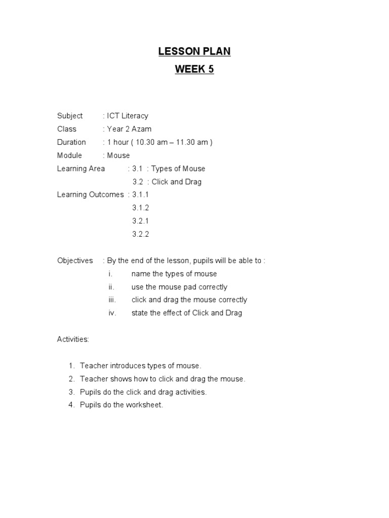 ICT Literacy Lesson Plan: Mouse Skills | PDF | Teaching | Cognition