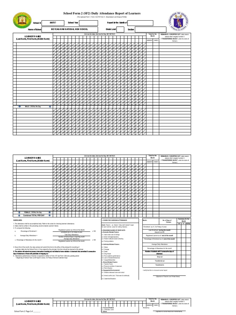 Modified School Form 2 - Daily Attendance Report of Learners | PDF | High School Dropouts ...
