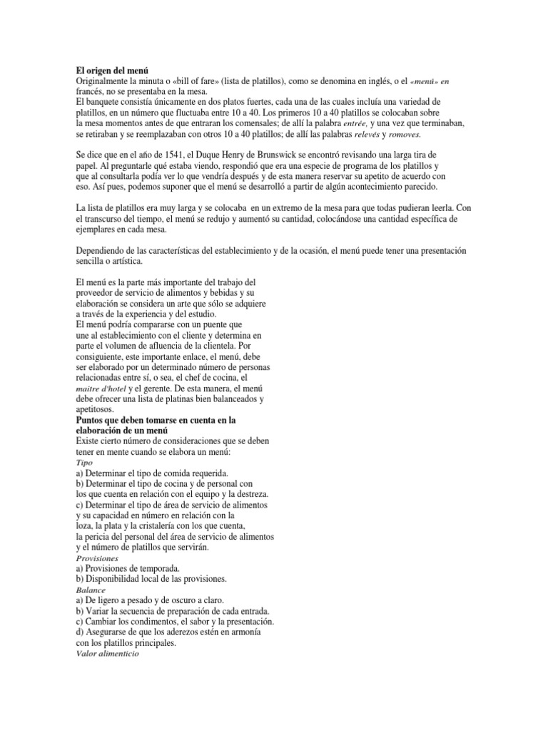 El Origen Del Menú | PDF | Artes culinarias | Salsa