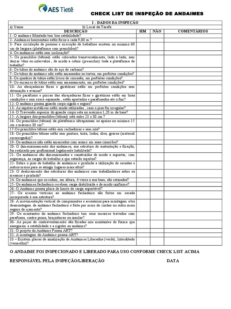 Check List Andaime | PDF | Natureza