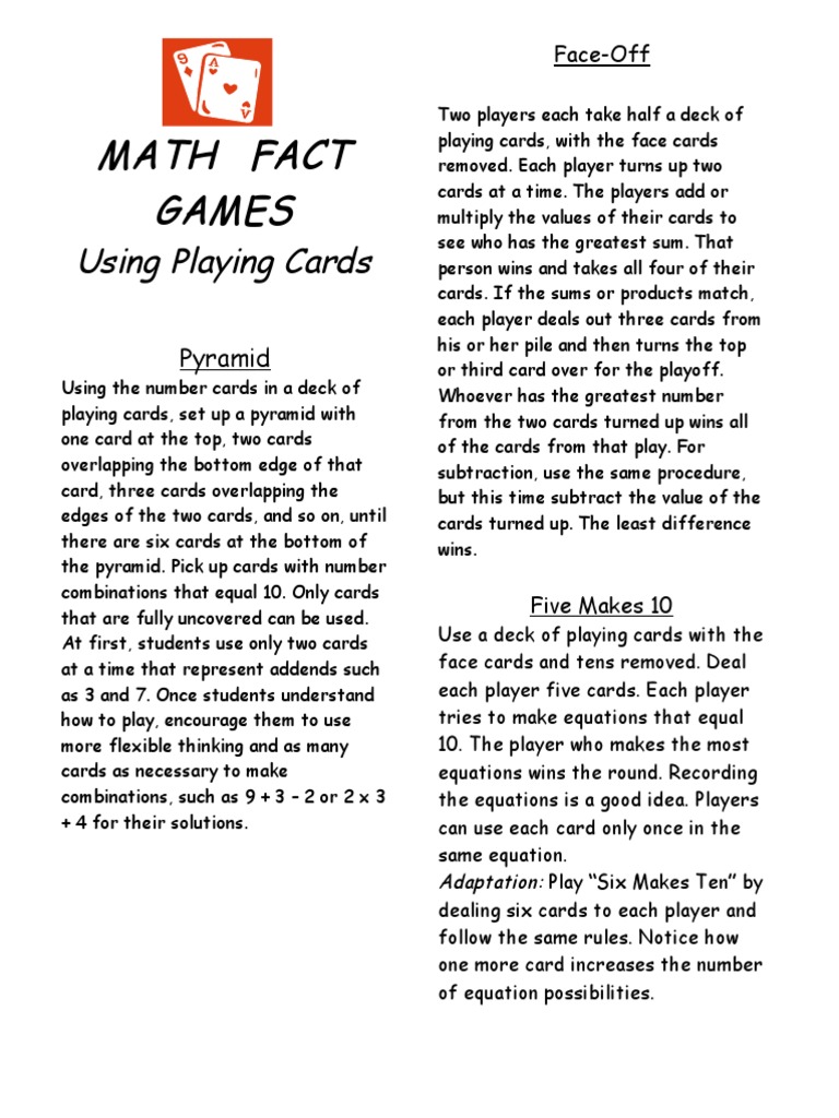Math Card Games for Kids | PDF | Games Of Mental Skill | Elementary ...
