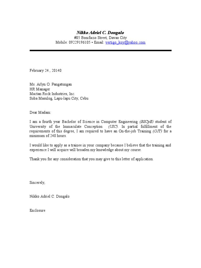 Application for OJT Position at Mactan Rock | PDF