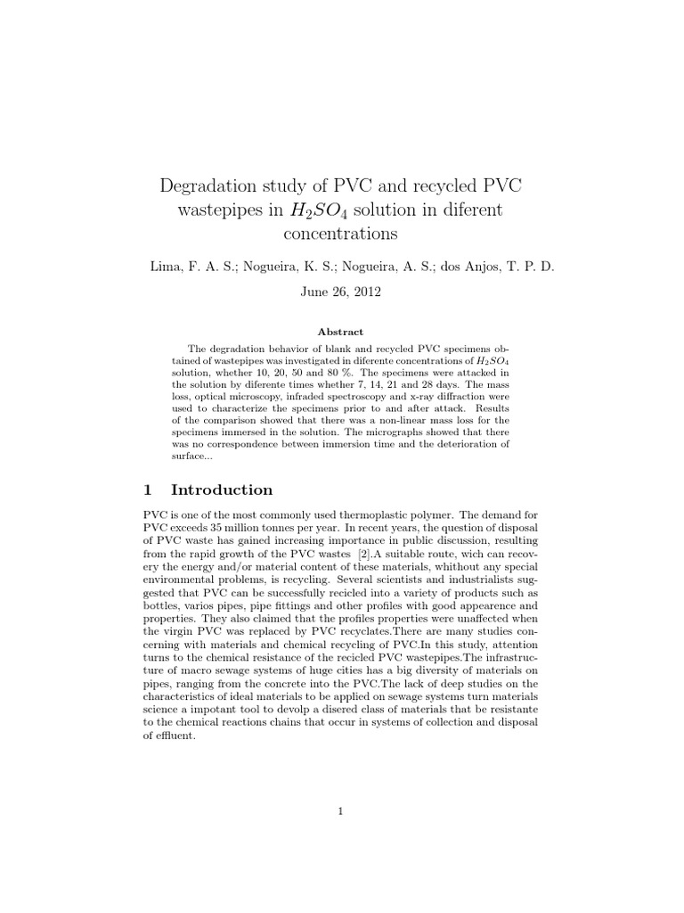 Degradation Study of PVC and Recycled PVC Wastepipes in H Solution in ...