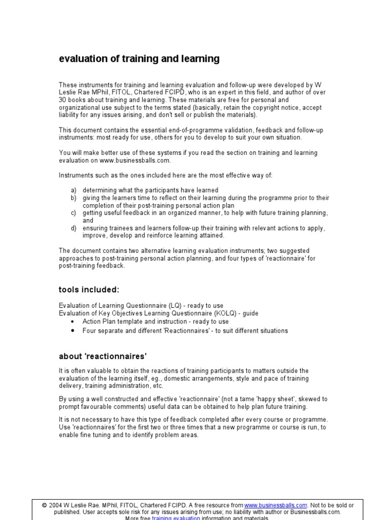 Evaluation of Training and Learning | PDF | Evaluation | Learning