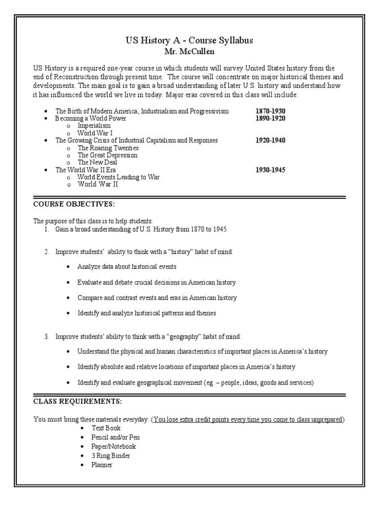 US History A Course Syllabus Overview | PDF | Statistics Of Education ...