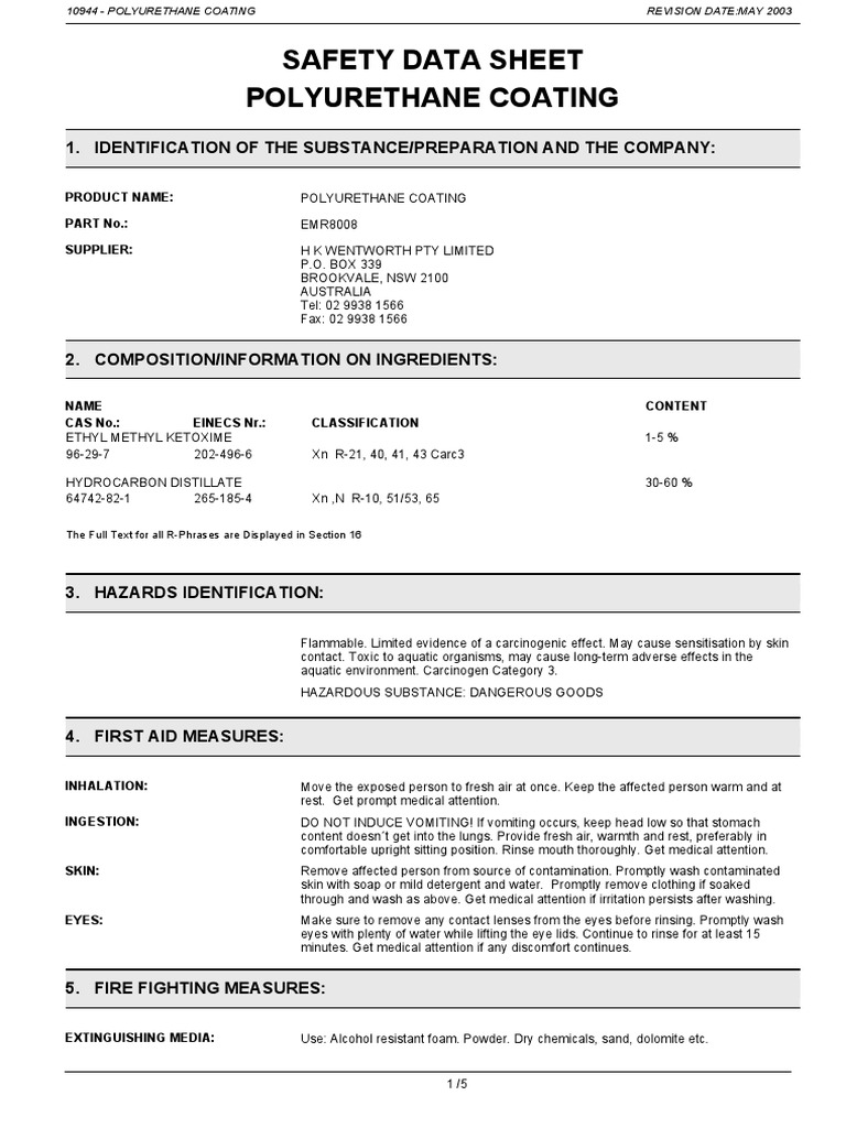 Safety Data Sheet Polyurethane Coating: 1. Identification of The ...