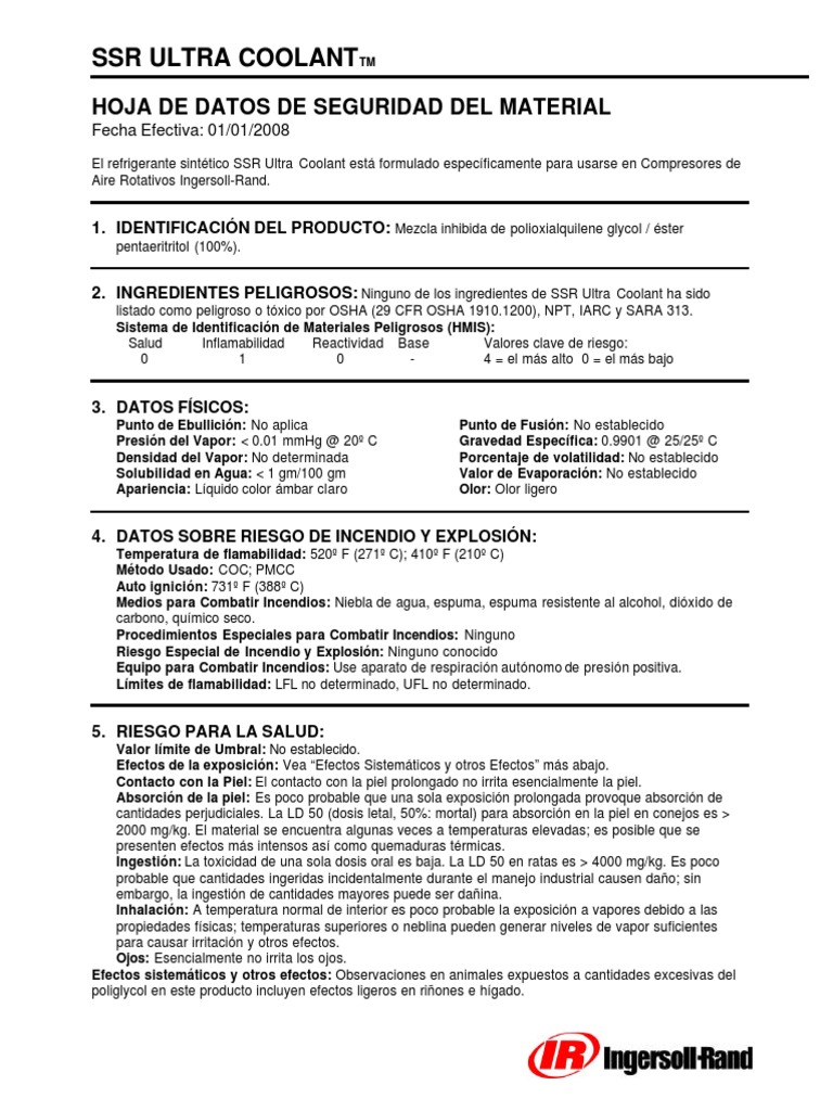 Hoja Técnica en Español MSDS Ultra Coolant | Carbón | Agua