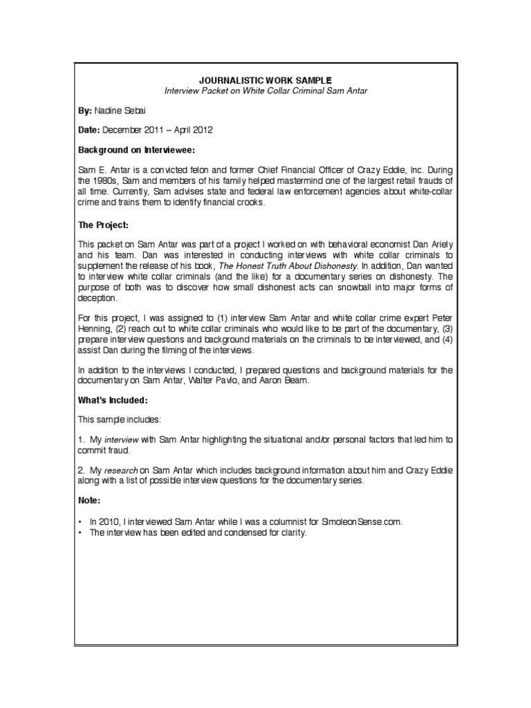 Journalistic Work Sample: Interview Packet On White Collar Criminal Sam ...