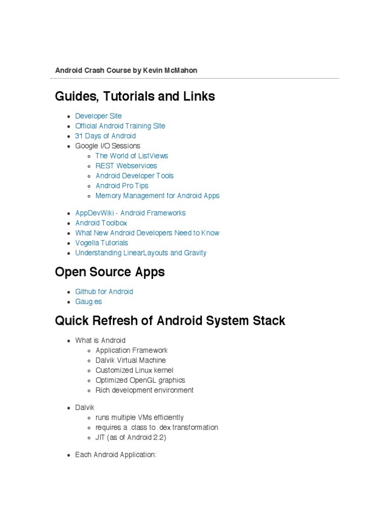 Guides Tutorials And Links Android Crash Course By Kevin Mcmahon Pdf Android Operating 