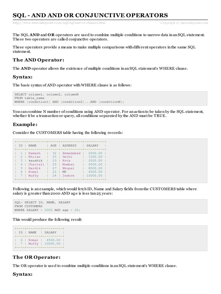 SQL - and and or Conjunctive Operators | PDF | Sql | Computer Programming