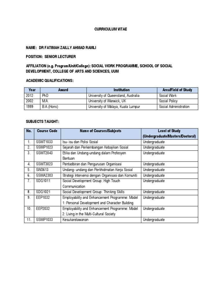 CV Fatimah Zailly 2014 | PDF | Malaysia | Doctor Of Philosophy