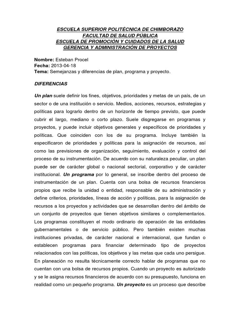 Semejanzas y Diferencias de Plan, Programa y Proyecto | PDF ...