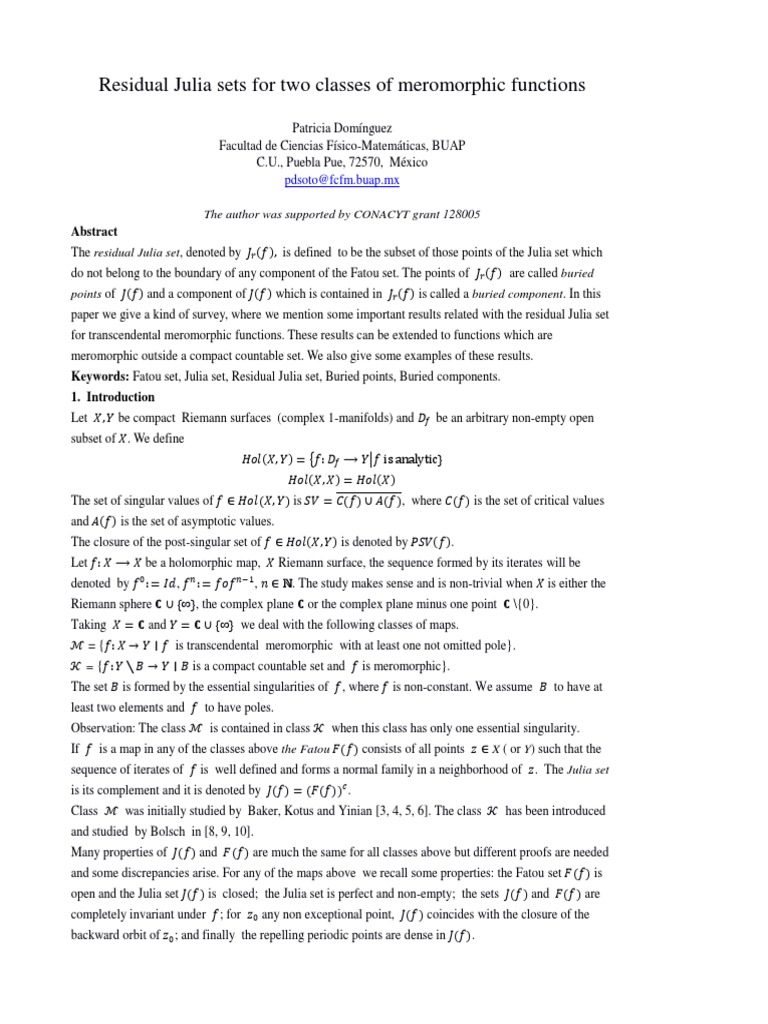 Residual Julia Sets for Two Classes of Meromorphic Functions | PDF | Function (Mathematics ...