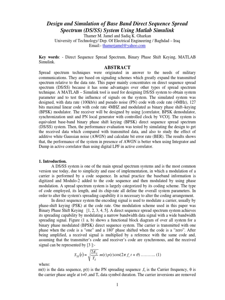 Simulation and Performance Evaluation of a Direct Sequence Spread Spectrum Communication System ...
