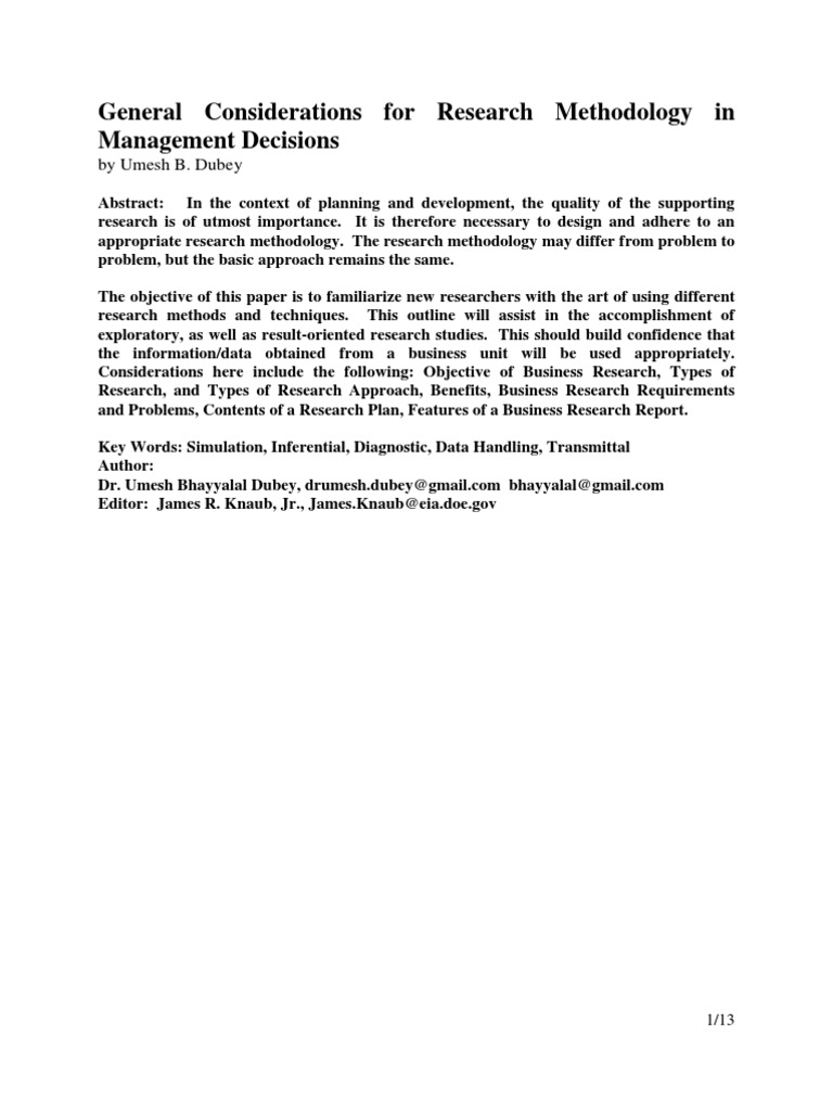 General Considerations For Research Methodology in Management Decisions ...