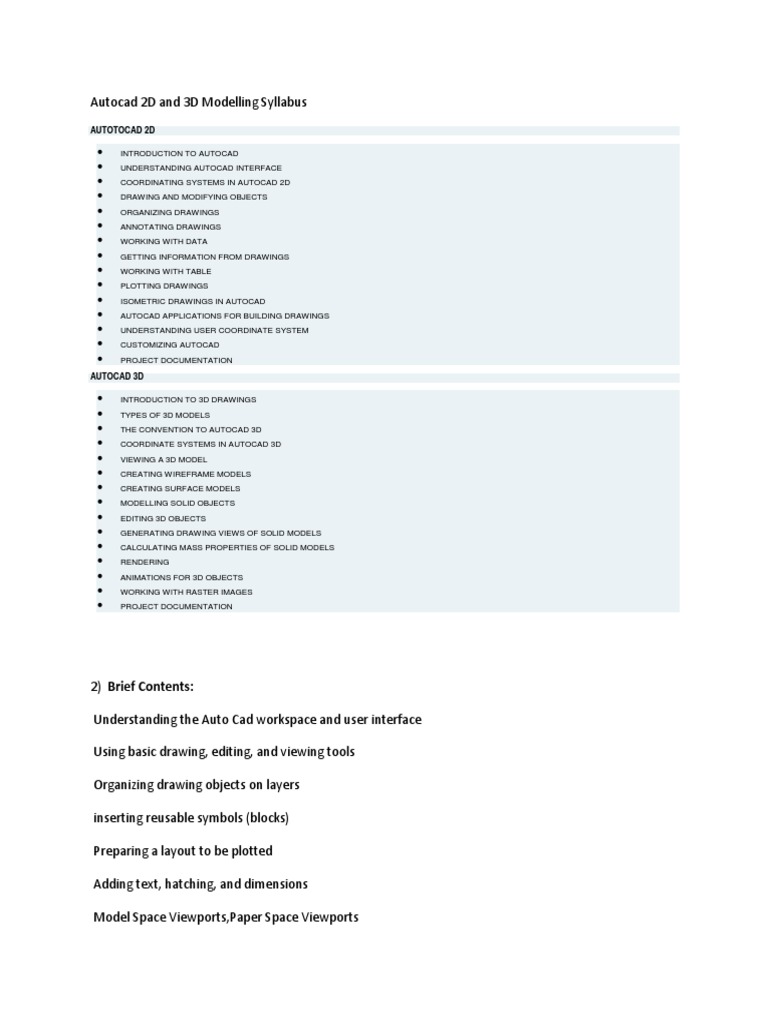 Autocad 2D and 3D Modelling Syllabus | PDF | 3 D Computer Graphics | 3 D Modeling