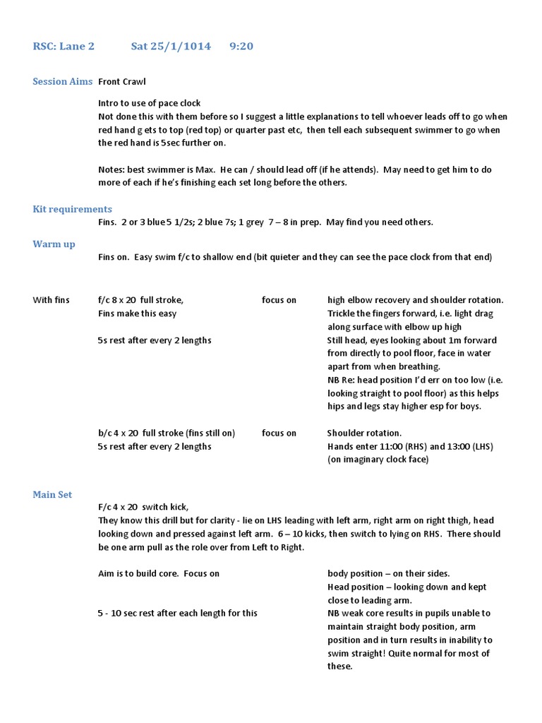 Front Crawl Session Plan for Beginners | PDF | Sports