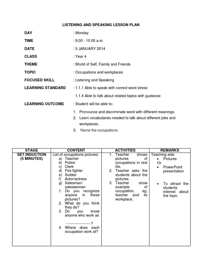 Listening n Speaking LESSON PLAN Sunny | Lesson Plan | Teachers