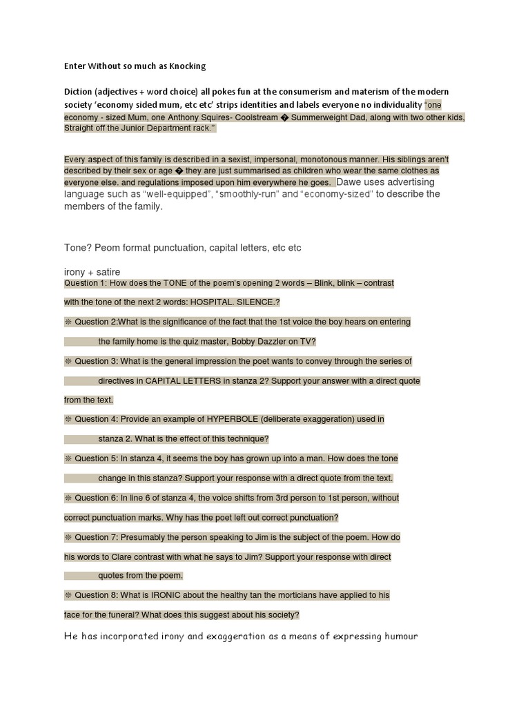 Enter Without So Much As Knocking | PDF | Irony | Poetry