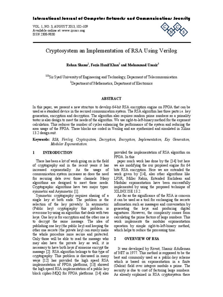 RSA Encryption Engine on FPGA | PDF | Public Key Cryptography | Key (Cryptography)