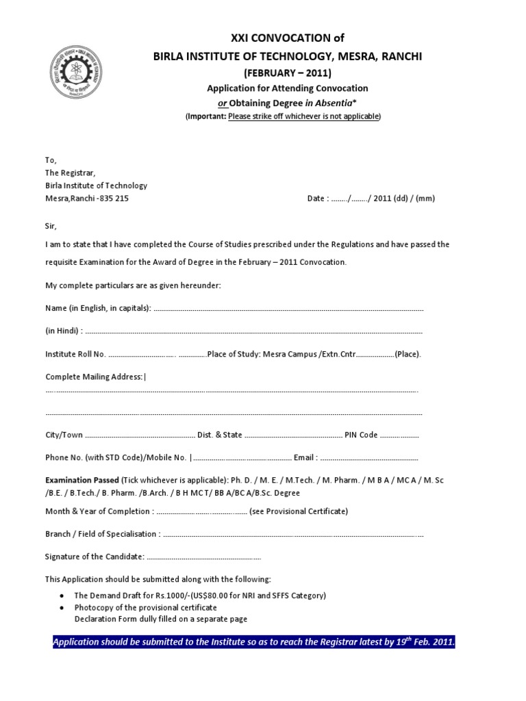 BIT Mesra 2011 Convocation Form | PDF