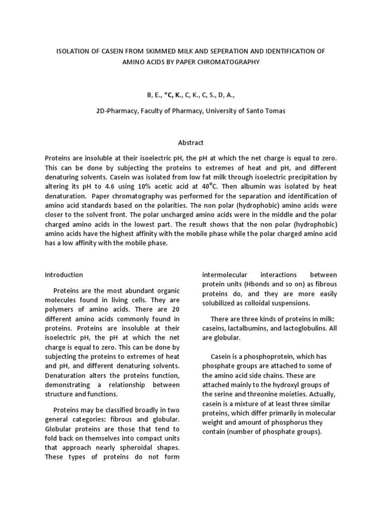 Isolation of Casein From Skimmed Milk and Seperation and Identification ...