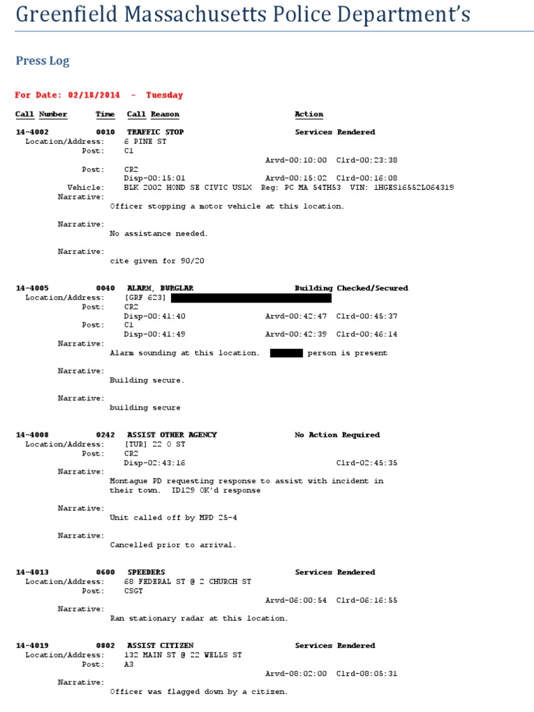 Greenfield Mass Police Log 021814 Through 022314 | PDF | Ambulance ...