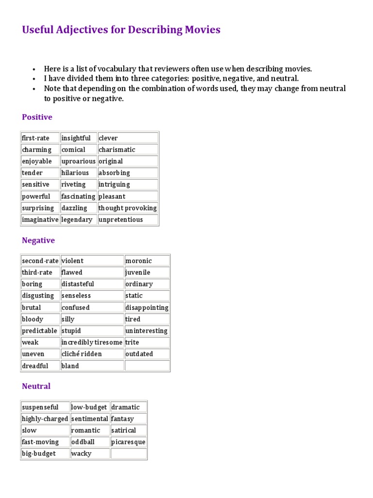 Useful Adjectives for Movie Reviews: Positive, Negative and Neutral ...