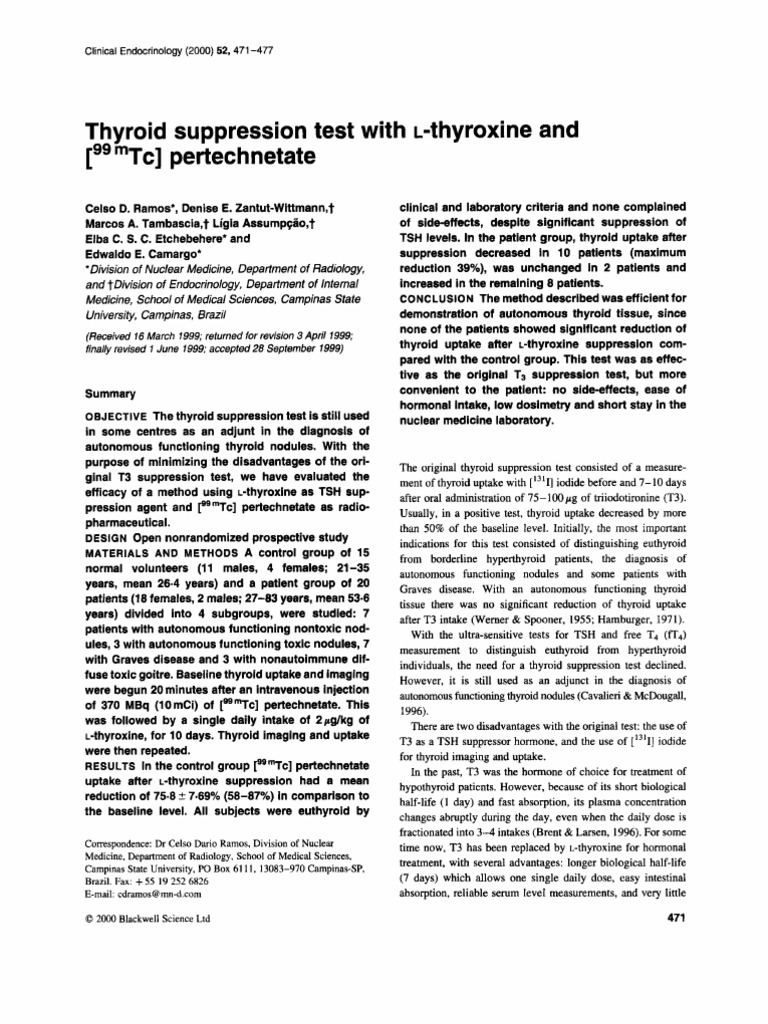 Thyroid Suppression Test With L-Thyroxine and TC) Pertechnetate ...