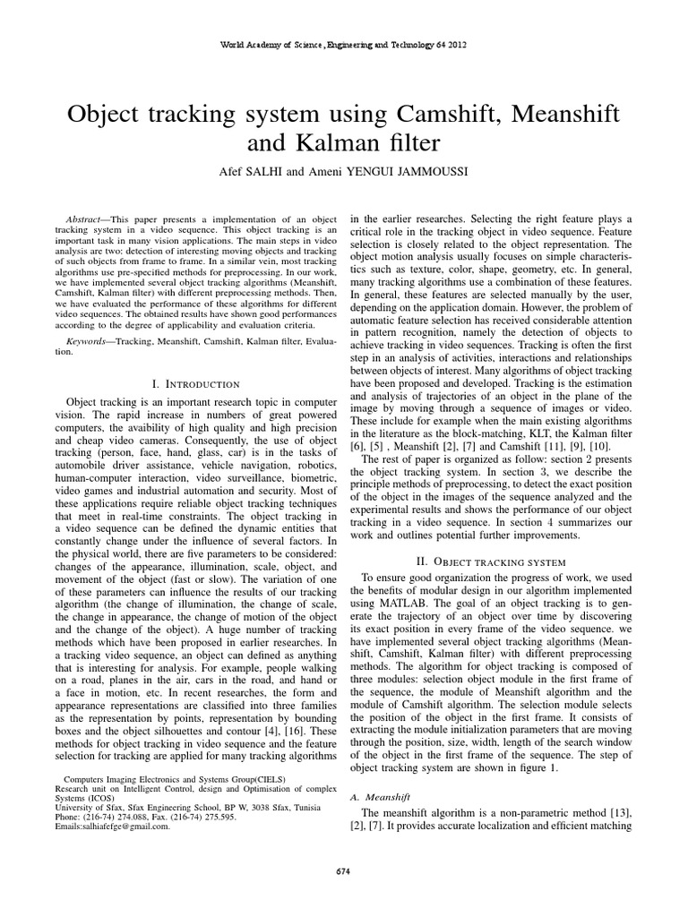 Object Tracking System Using Camshift Meanshift And Kalman Filter Pdf Areas Of Computer