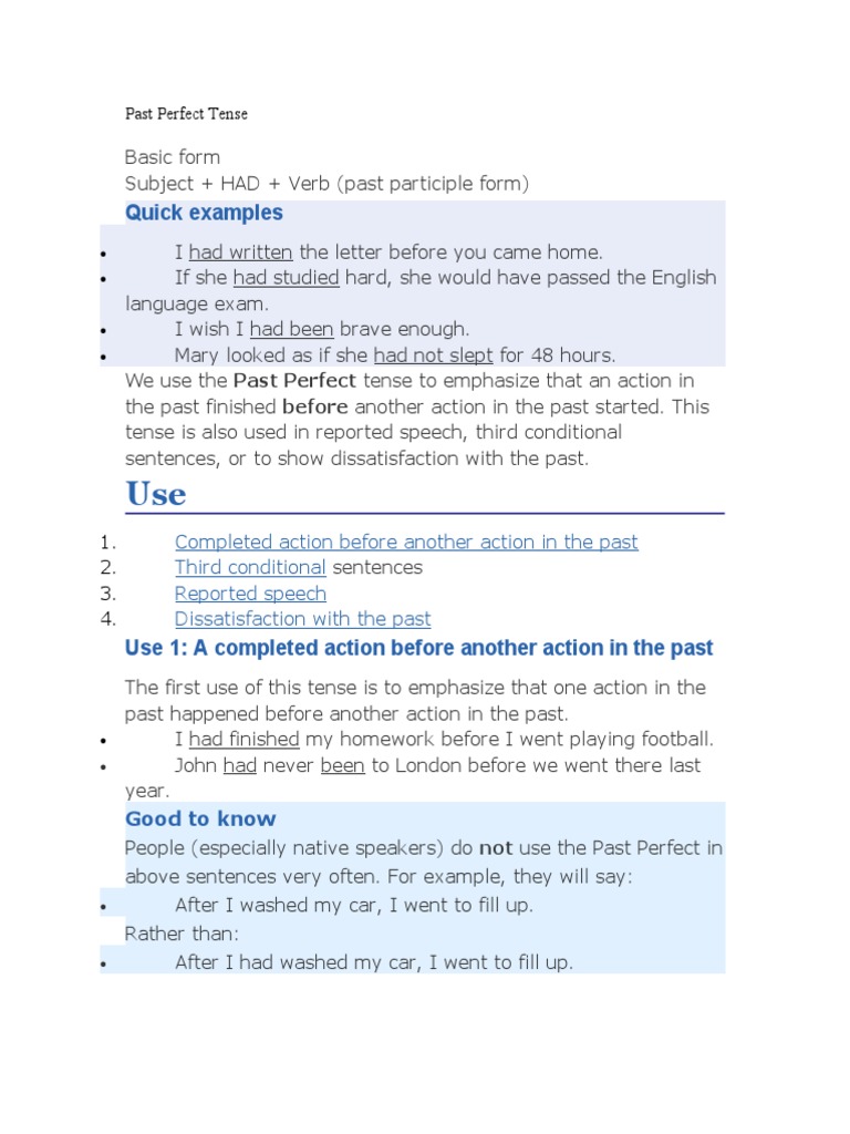 Past Perfect Tense | PDF | Perfect (Grammar) | Grammatical Tense