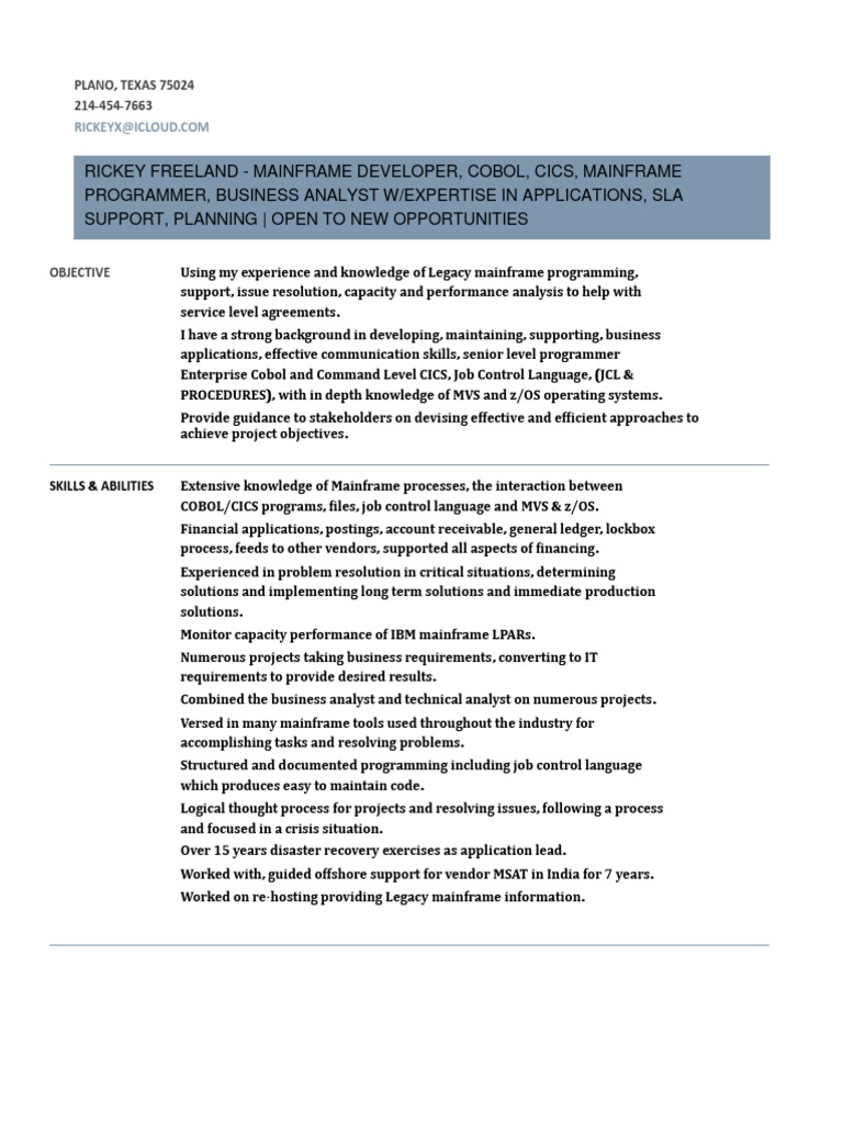 Mainframe Analyst with COBOL Expertise | PDF | Programmer | Mainframe ...
