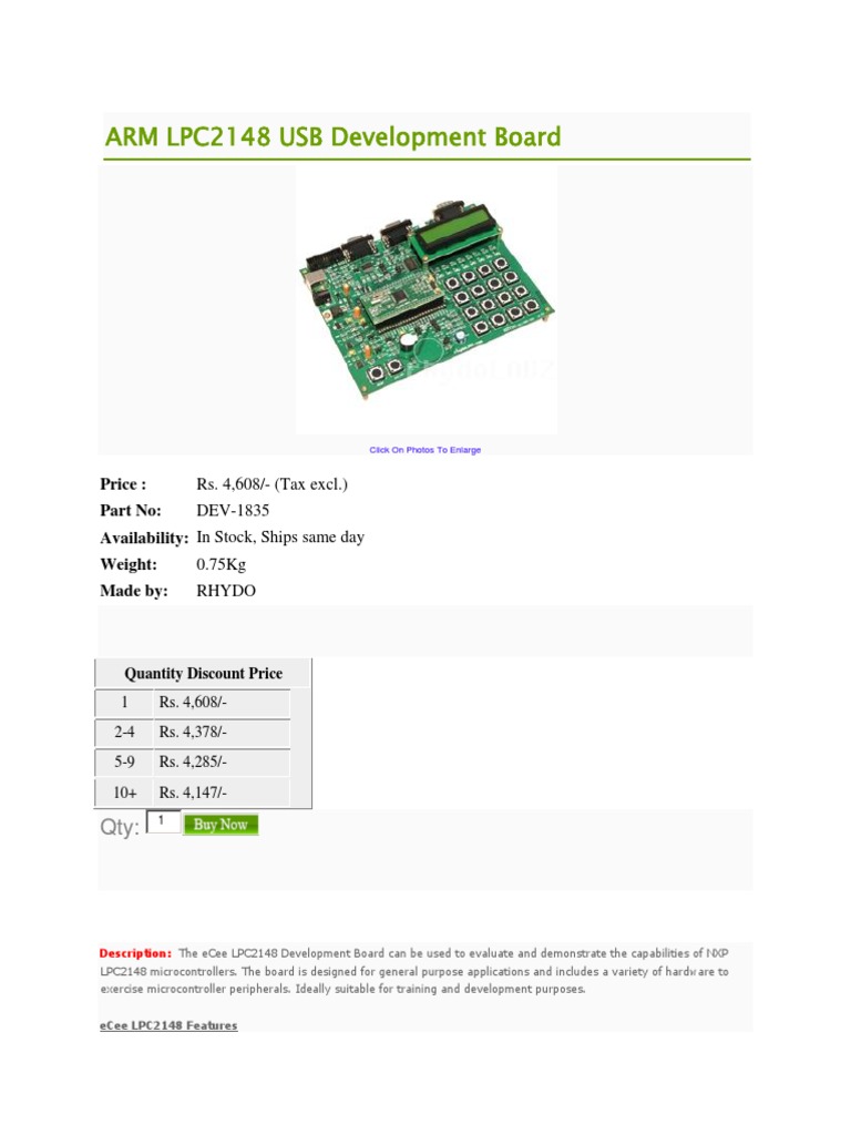 ARM LPC2148 USB Development Board | PDF | Office Equipment | Areas Of Computer Science