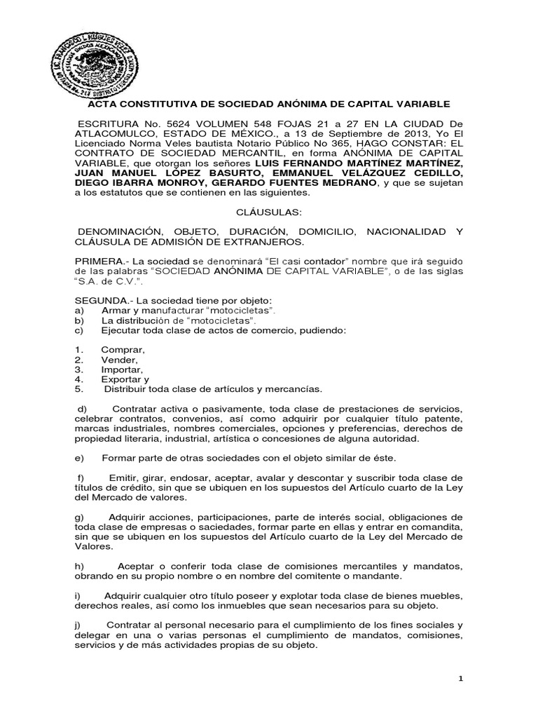 Ejemplo De Acta Constitutiva De Una Empresa Mexicana Pdf Nuevo Ejemplo