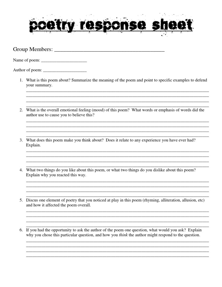 Poetry Response Sheet | PDF | Poetry | Psychological Concepts