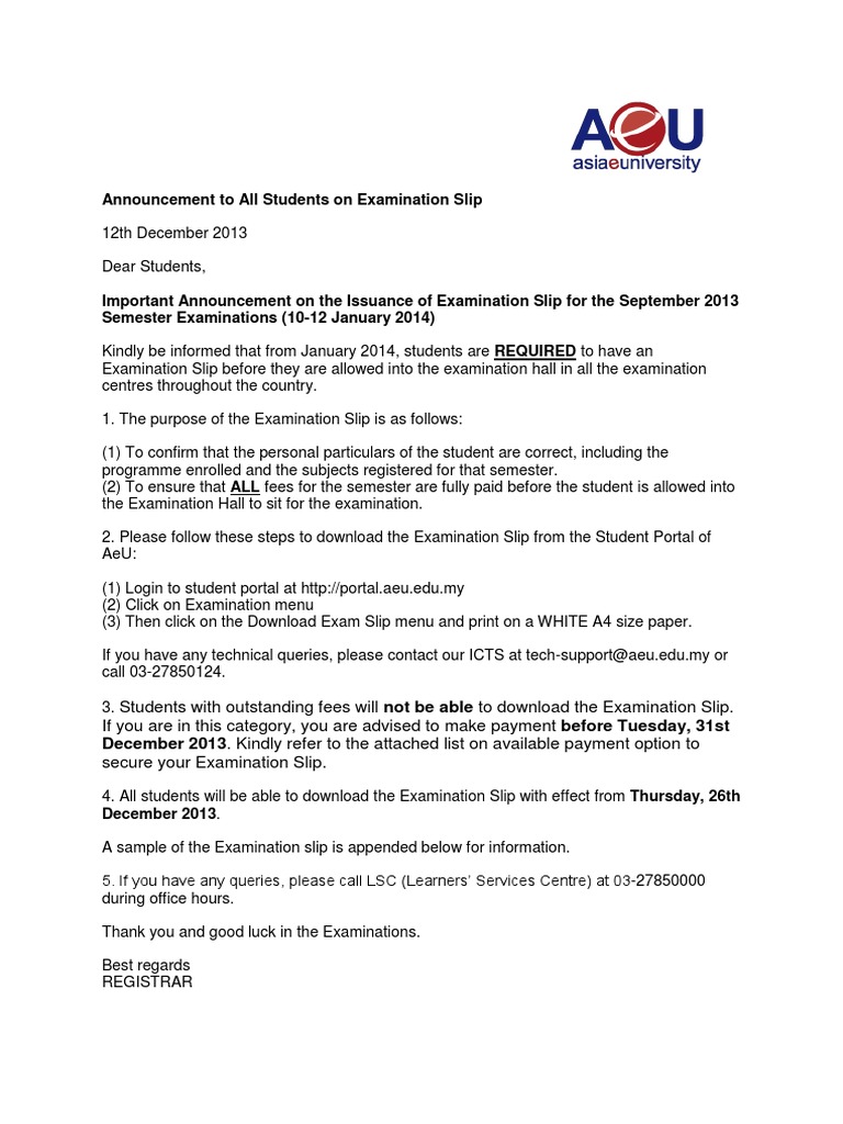 Announcement To All Students On Examination Slip | PDF | Test ...