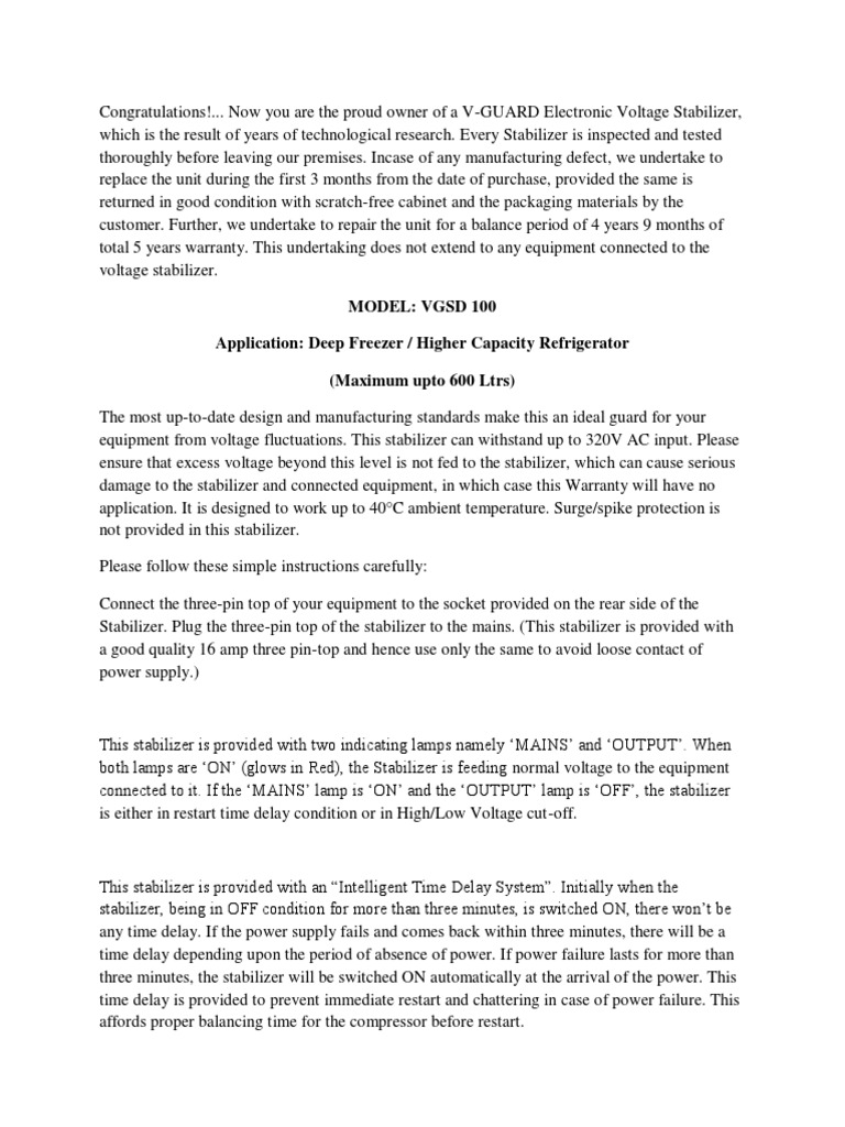 V-Guard Voltage Stabilizer VGSD 100 Manual | PDF | Mains Electricity ...