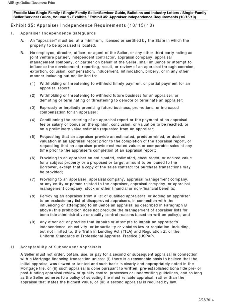 Freddie Mac Seller-Servicer Guide-Exhibit 35 Appraiser Independence ...