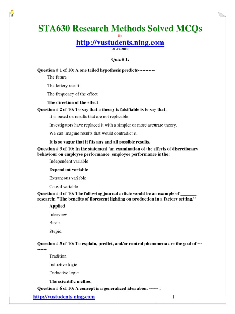 STA630 Research Methods MCQs Guide | PDF | Experiment | Validity ...