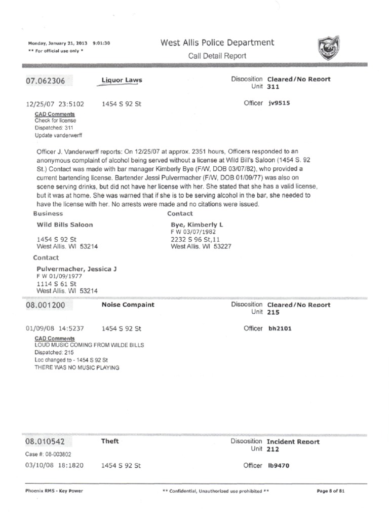 Bill Savage-West Allis Police Call History 2008 | PDF | Tavern | Bar