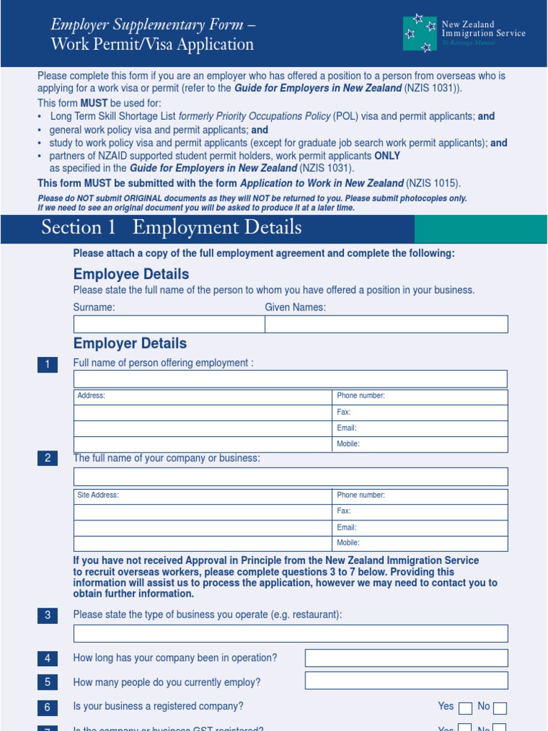Section 1 Employment Details: Work Permit/Visa Application | PDF ...