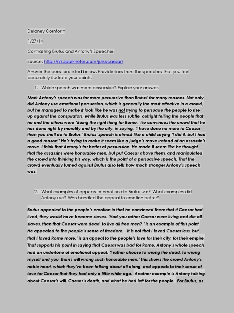 Contrasting Antony and Brutus' Speeches | PDF | Marcus Junius Brutus ...