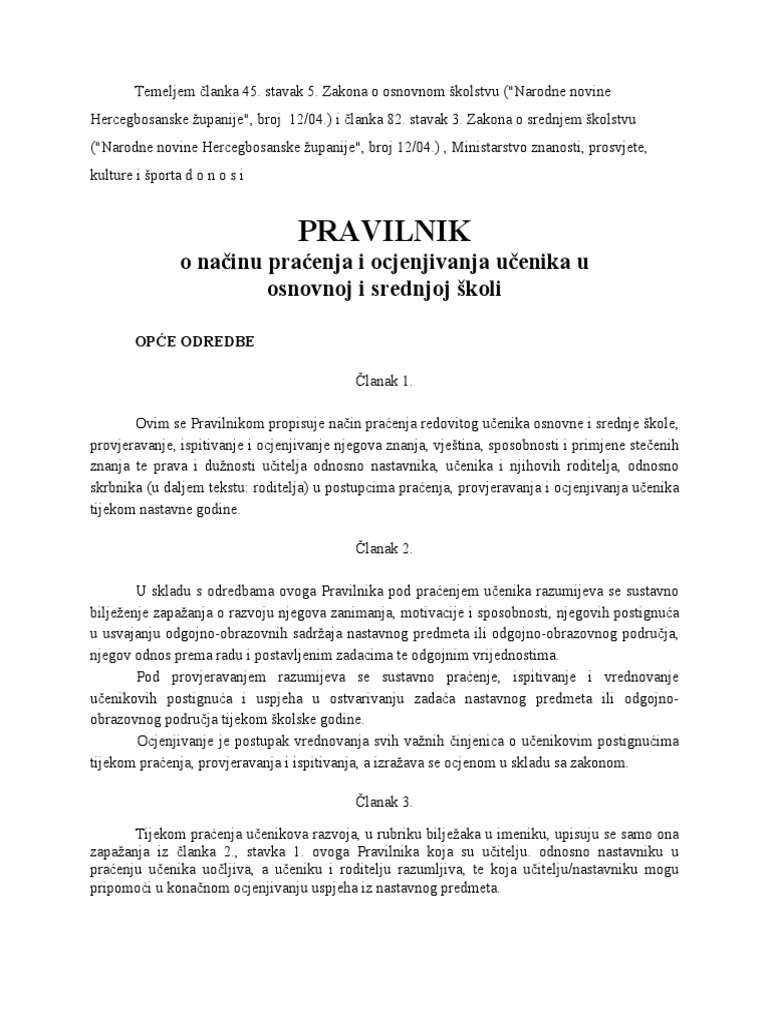 Pravilnik o Nacinu Pracenja I Ocjenjicanja Ucenika | PDF
